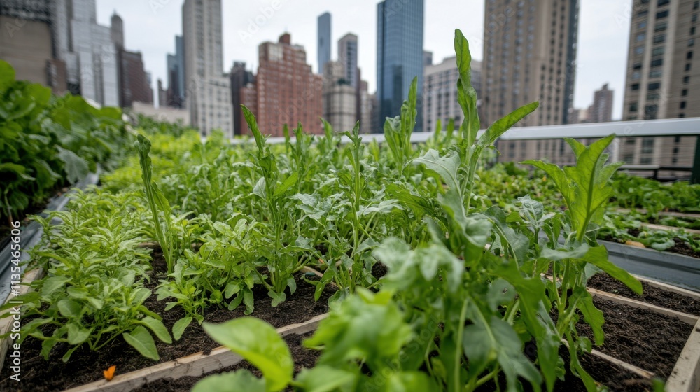 Urban rooftop farm with diverse crops and city skyline for sustainable ...