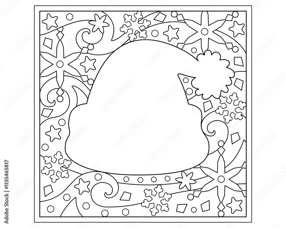 Christmas winter coloring page with Santa hat, snowflakes and stars ...