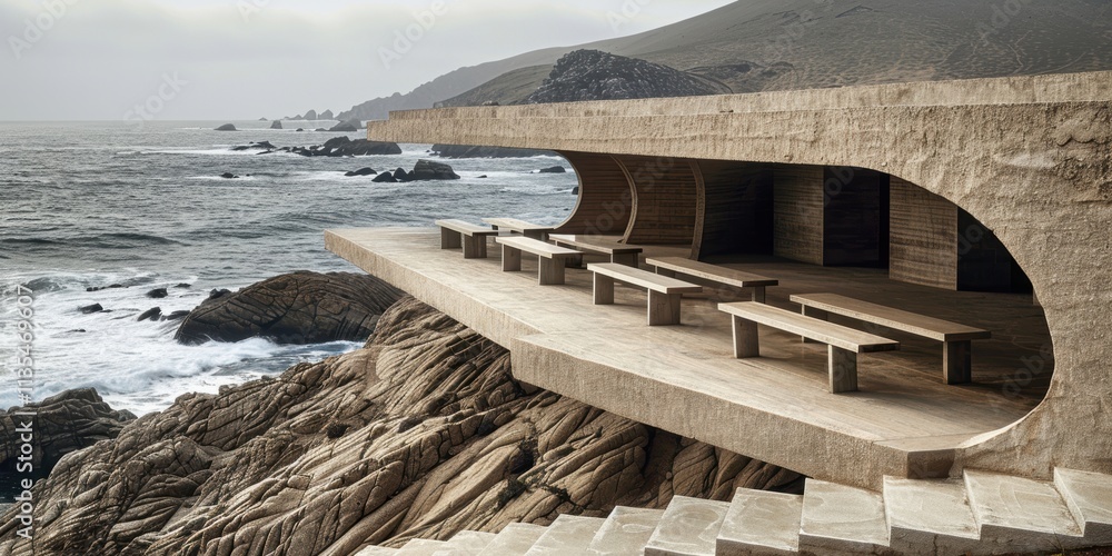 Modern architectural marvel overlooking rugged coastline, featuring ...
