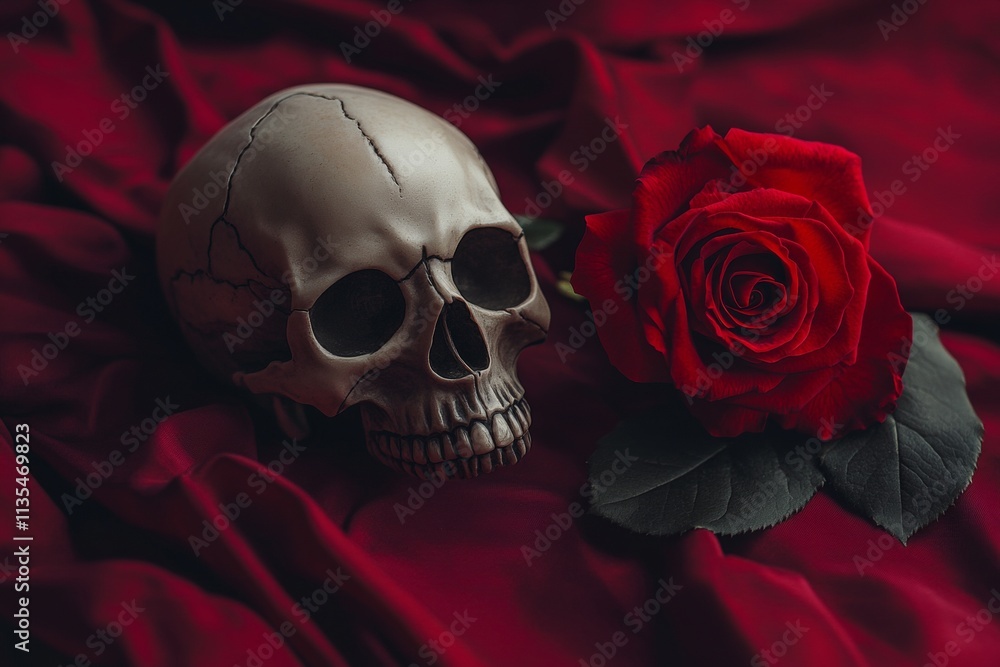 Gothic still life a skull and red rose on dark fabric captured in soft ...