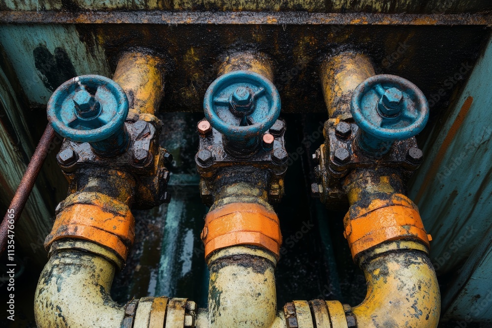 Industrial pipe system featuring blue and orange valves for enhanced ...