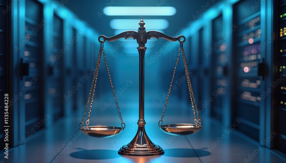Law scales stand in futuristic data center. Tech, justice balance ...