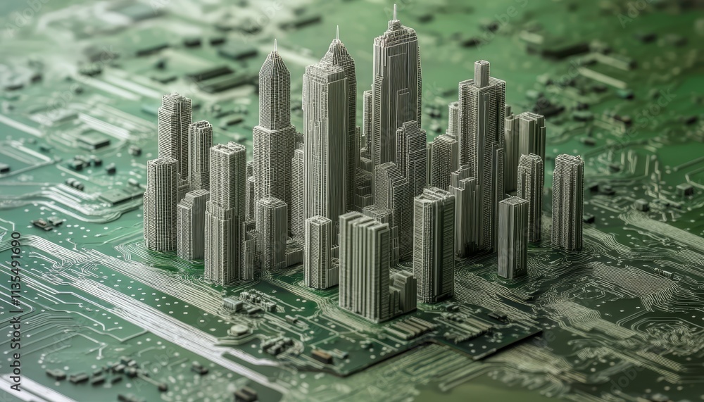 Futuristic city skyline on a 3d printed circuit board utilizing ...