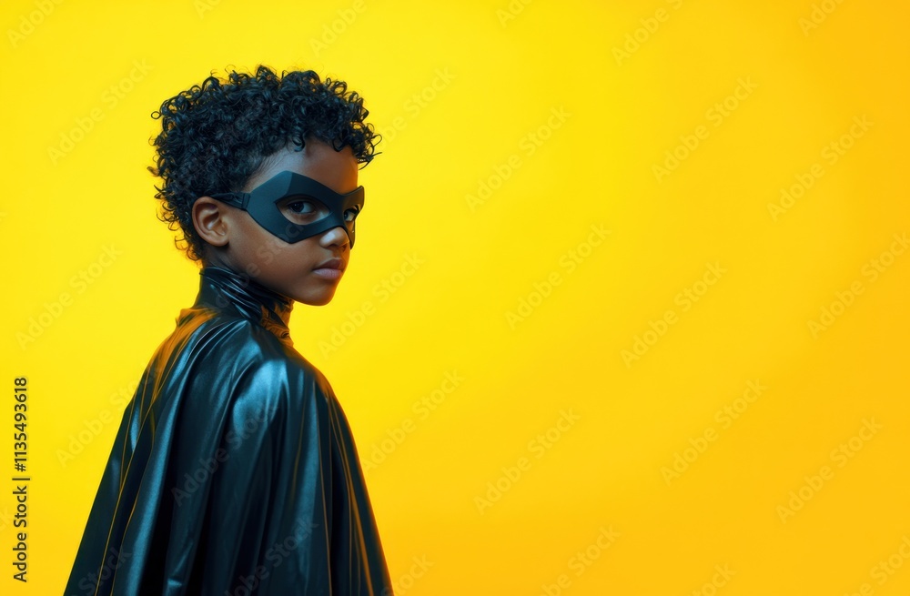 Child in superhero costume stares over shoulder. Stock Illustration ...