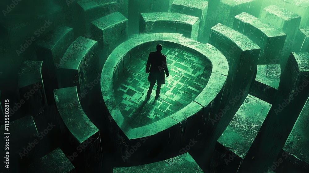 Hacker in a Shield Maze, whimsical vector art depicting a cute hacker ...