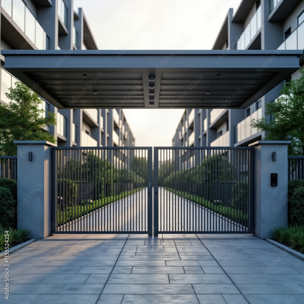 Modern condominium entrance with automatic gates. Stylish grey metal ...