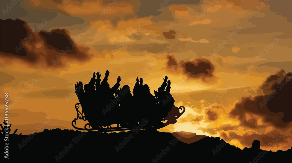 Vektor Santa and Helpers Silhouette Departing on Christmas Eve, Santa ...