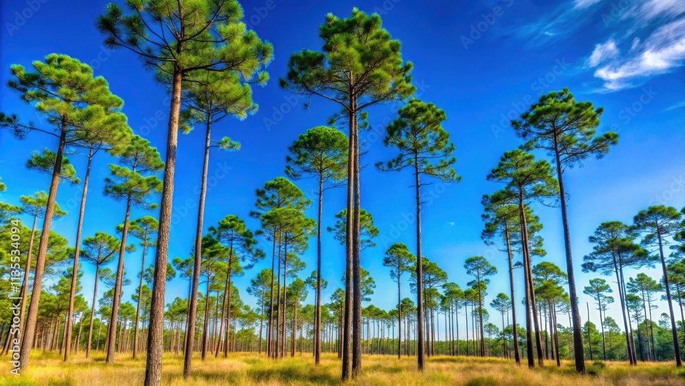 Tall longleaf pine trees standing against a vibrant blue sky , longleaf ...