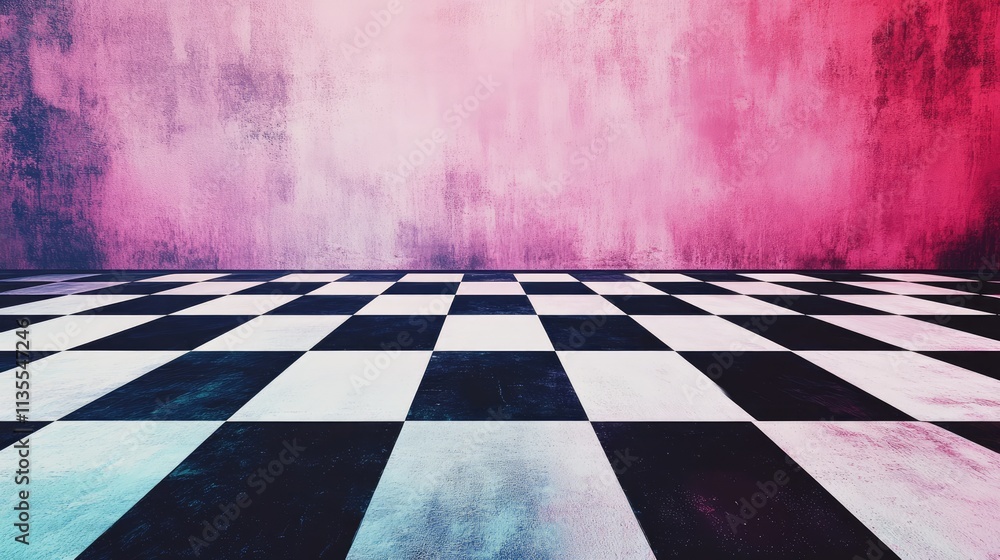 Retro grainy pattern with black and white checkered floor, vaporwave ...