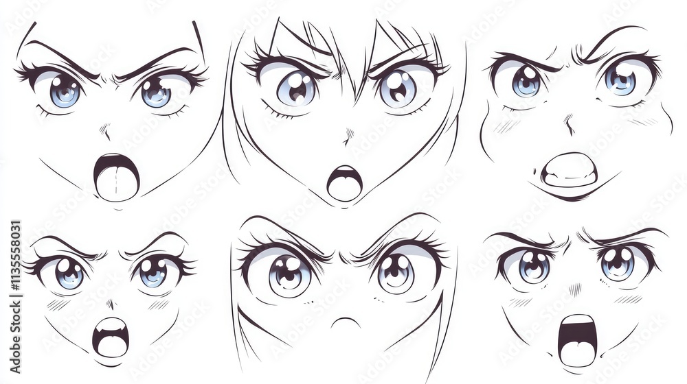 Set of Vector Cartoon Anime Style Expressions. Kawaii Cute Faces ...