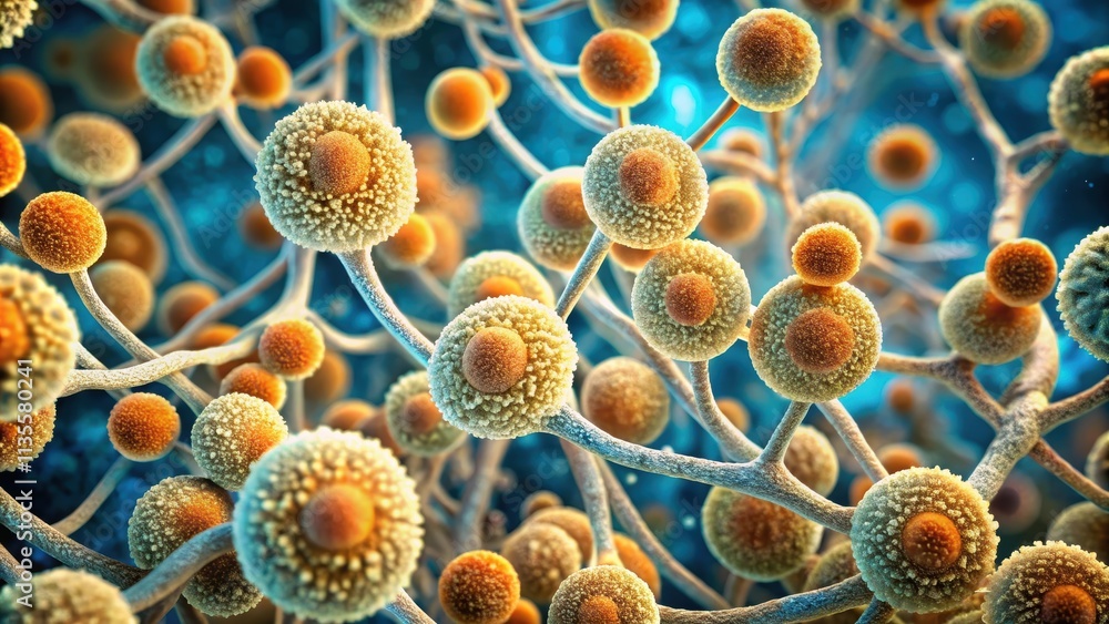 Closeup view of detailed fungal cells under microscope with unique ...