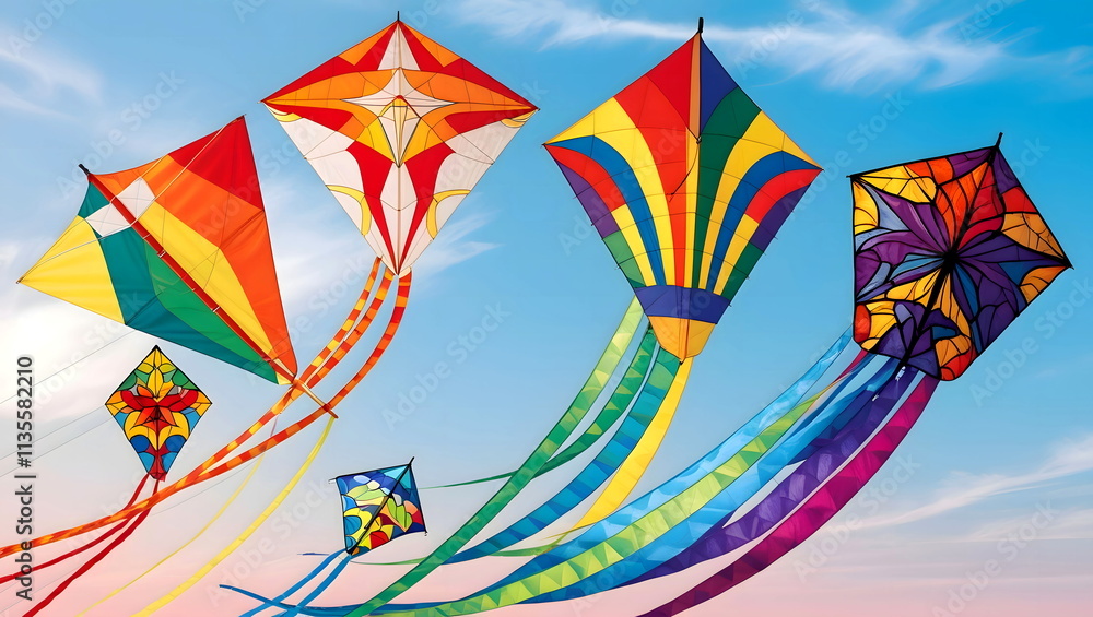 Various types, shapes and designs of multicolor kites flying in the sky ...