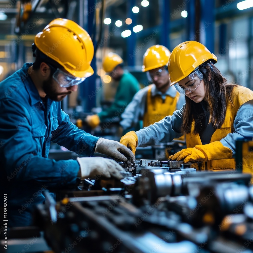 Manufacturing workers collaborate in high-tech factory urban ...