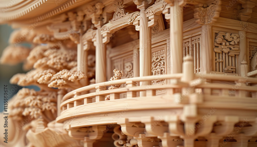 Detailed Wooden Model of a Pavilion with Carvings and Miniature Trees ...