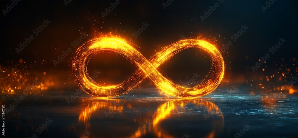 Fiery infinity symbol reflecting on dark surface. Stock Illustration ...