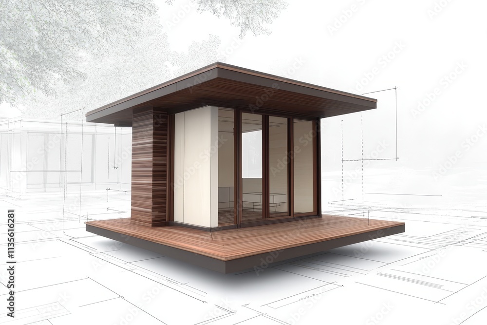 Modern Wooden Cabin Architectural Design Rendering: A 3D Model of a ...