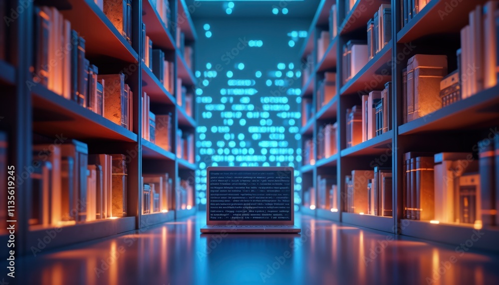 Futuristic digital library AI-powered info search. Bookshelves filled ...