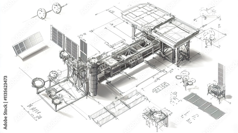 Detailed technical drawing of a satellite, showing its components and ...