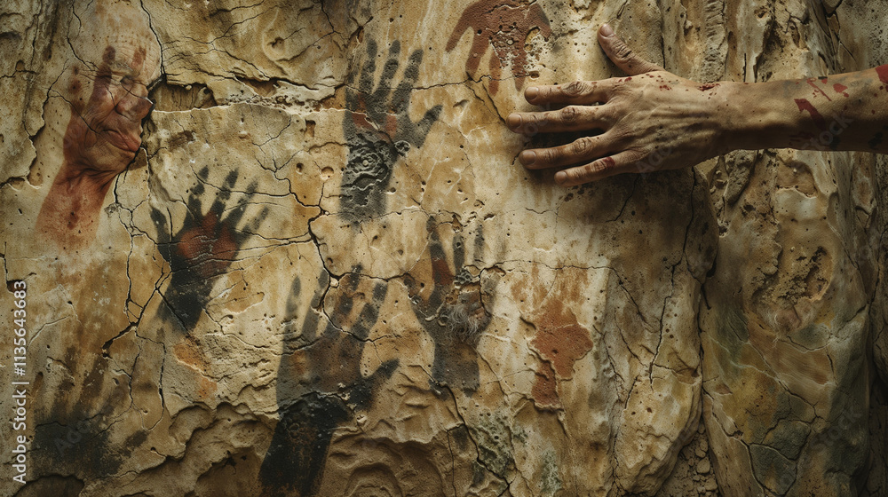 Weathered cave wall with ancient, layered handprints, mysterious ...