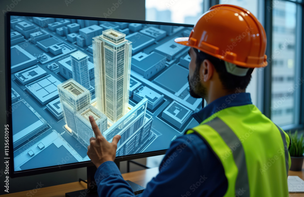 Engineer examines digital twin of construction project on computer ...