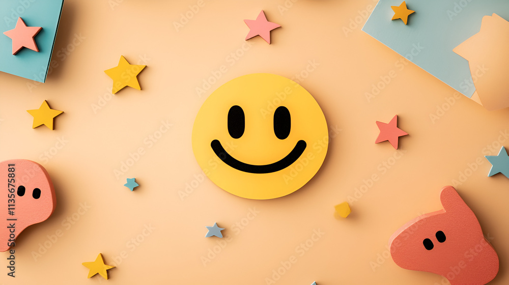 Smiley face surrounded by positive symbols, thumbs-up gestures, stars ...