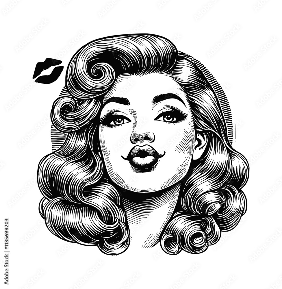 glamorous pin-up girl with vintage wavy hair, making a playful kissing ...