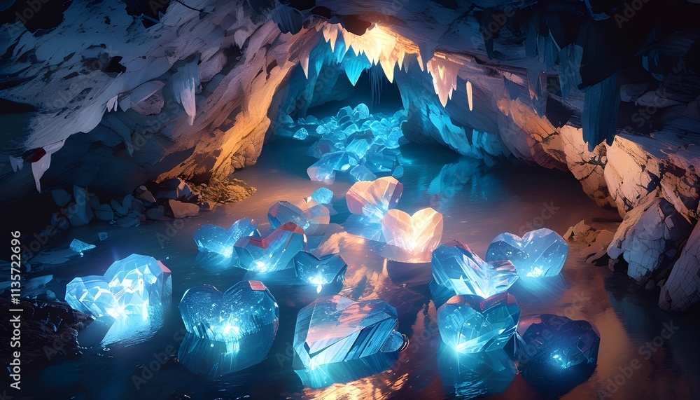 Illuminated crystal heart formation enchanted cave digital artwork ...