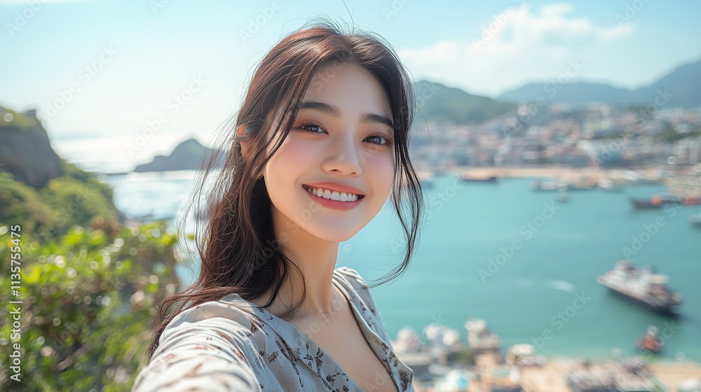 Gen-Z Asian Female Taking a Selfie While Hiking with a Scenic Backdrop ...