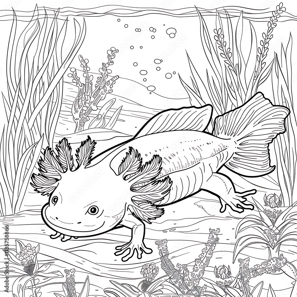 Coloring page of an adorable axolotl in a vibrant aquatic habitat ...