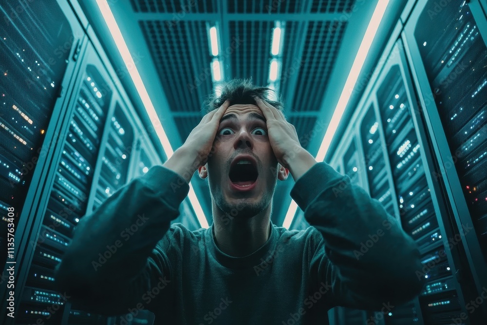Stressed man in server room, hands on head, mouth open in shock ...