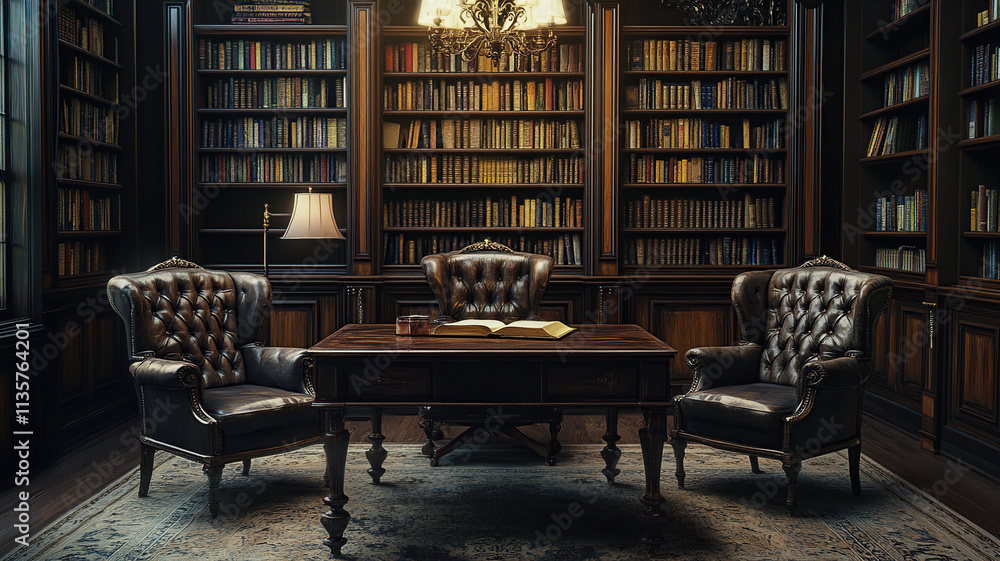 Cozy modern library room with shelves filled with books, library, study ...