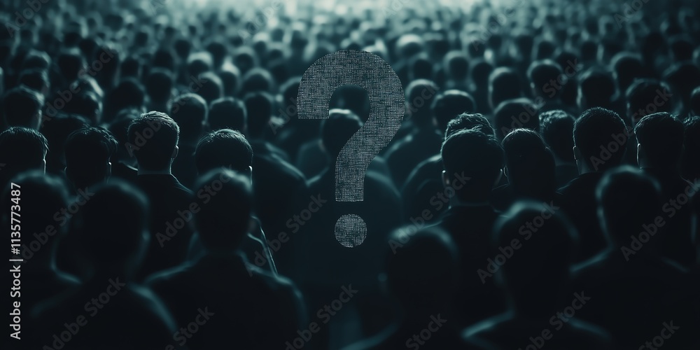 Large group of people with a question mark, concept of confusion ...