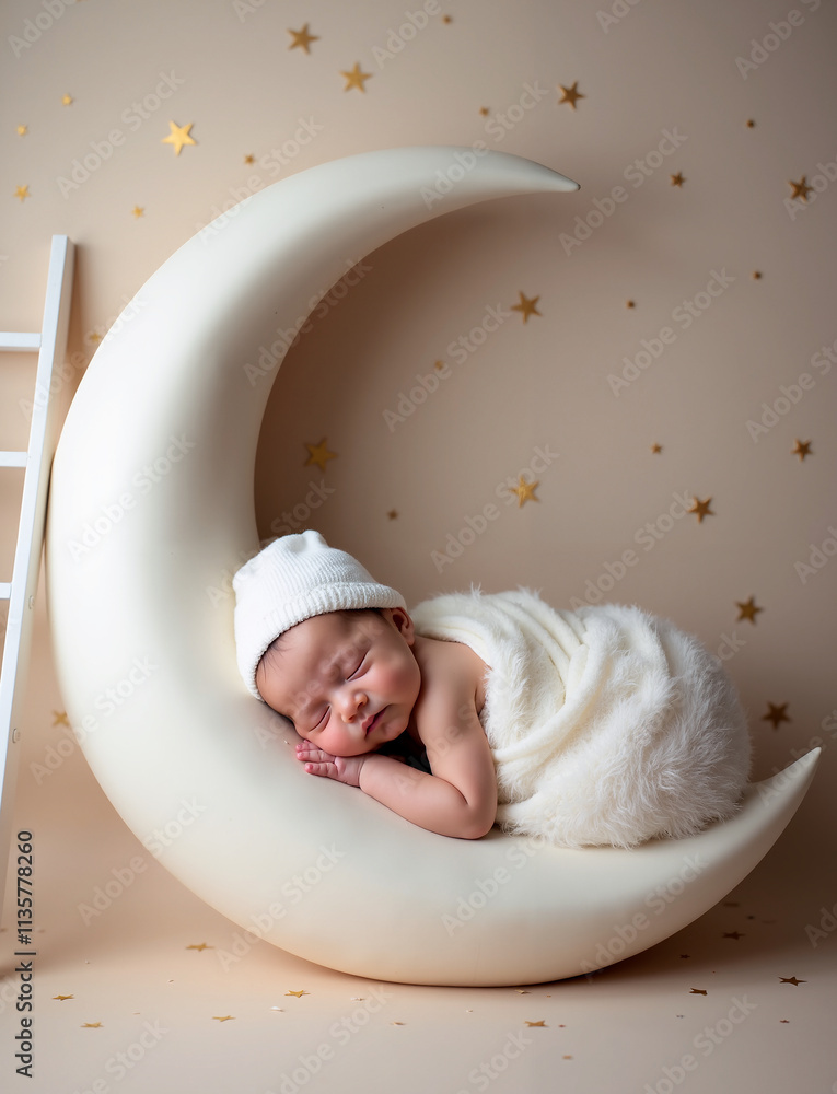 Baby sleeping on crescent moon prop with stars on beige background ...
