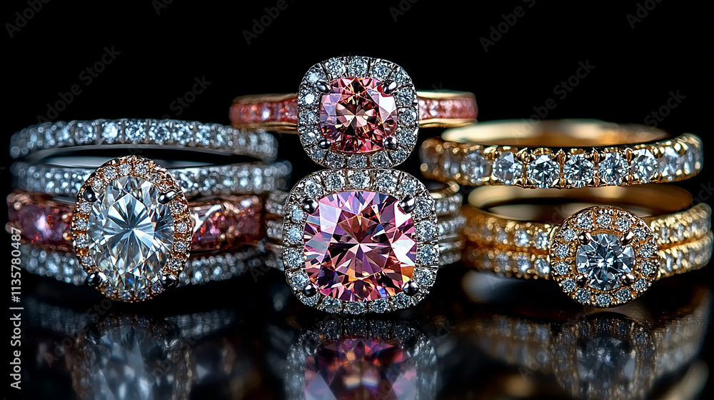 Several rings, including pink diamonds and white diamonds, are stacked ...