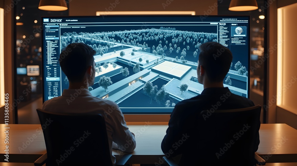 Architects scrutinize a 3D model of a sprawling campus, futuristic ...