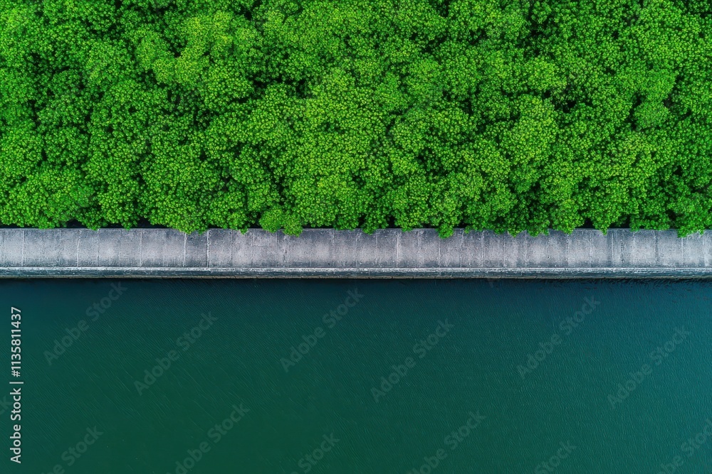 Climate Resilience concept. A coastal city with seawalls and mangrove ...