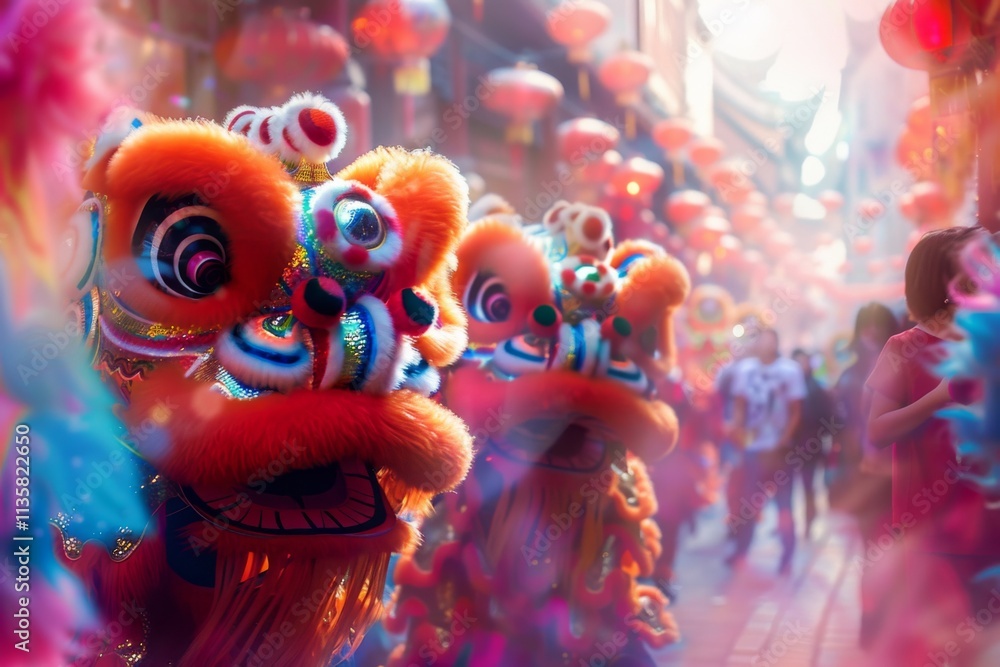 Red lion dancing among de crowd of people as sign on good luck on a ...