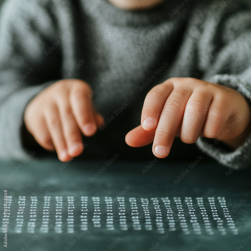 blind child running fingers across braille book page with school ...