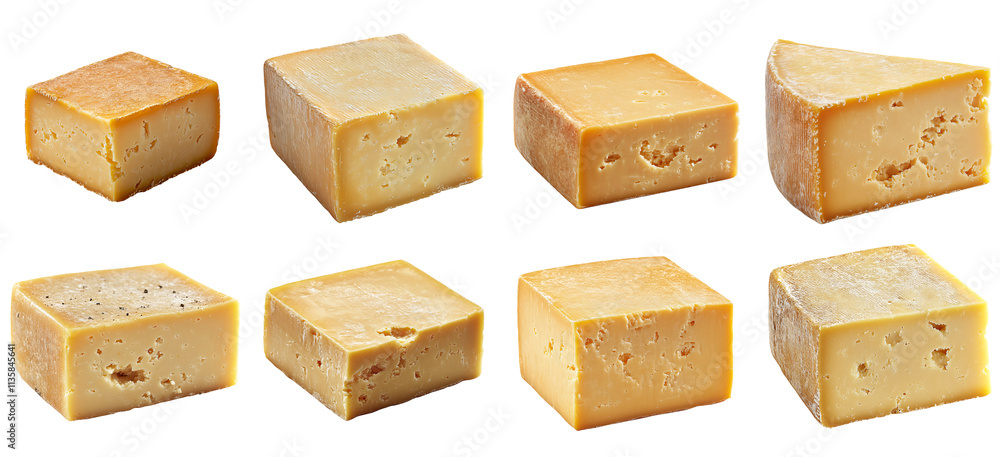 Collection of various A block of aged cheddar cheese with visible ...