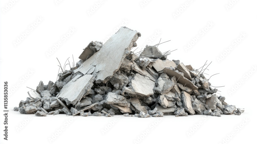 Pile of Broken Concrete Debris with Exposed Rebar on White Background Representing Construction ...
