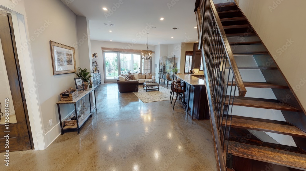 Suburban home foyer design featuring polished concrete floors ...