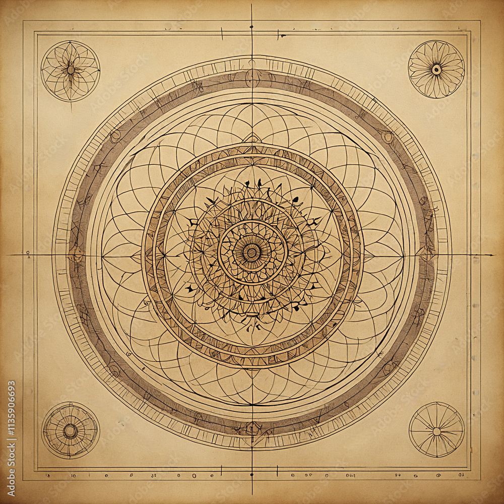 Mandala sacred geometry art on old paper featuring intricate designs ...