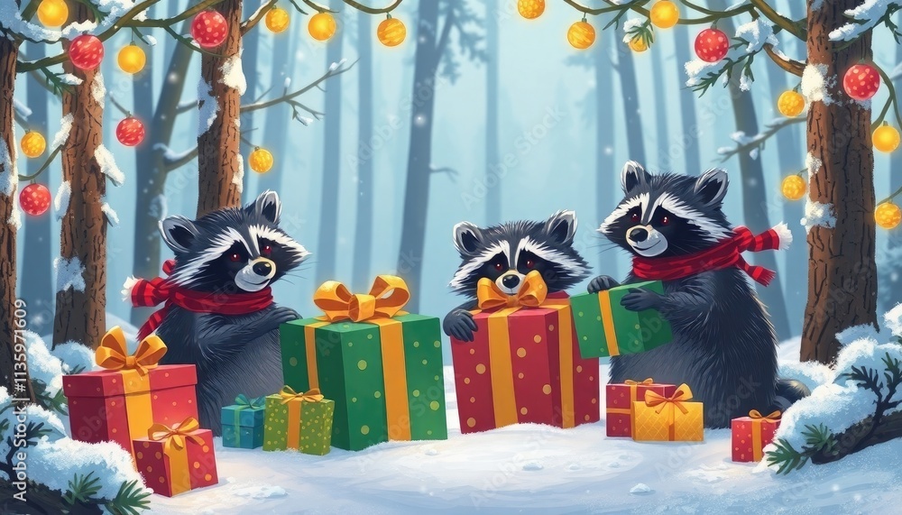 Funny Raccoons Unwrapping Giant Christmas Gifts in a Snowy Forest ...