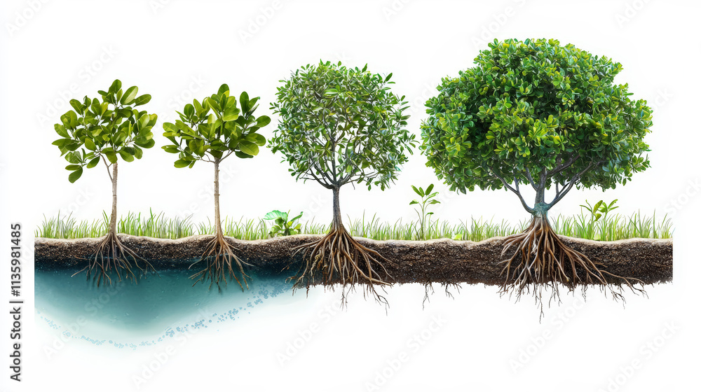 Mangrove ecosystem showing stages of growth with roots and foliage ...