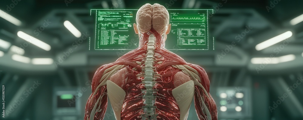Medical healthcare 3D concept. A detailed anatomical model displaying muscles and nerves with a ...