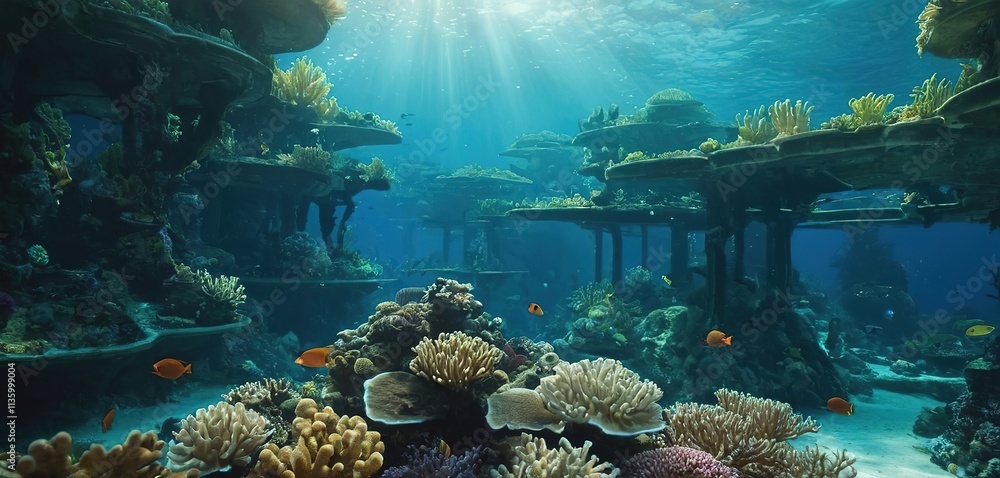 A futuristic underwater city with glowing coral reefs and marine life ...