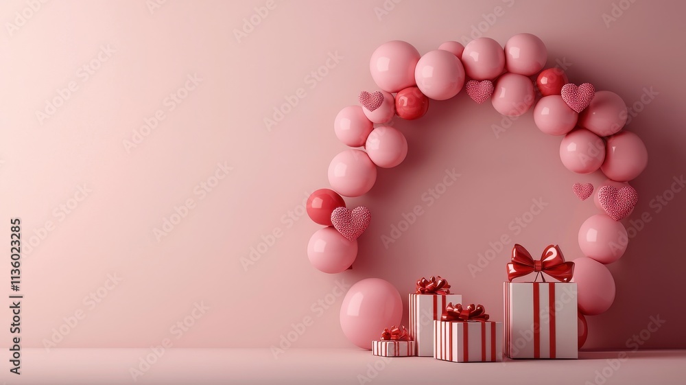 A festive arrangement of pink and red balloons forms a decorative arch ...