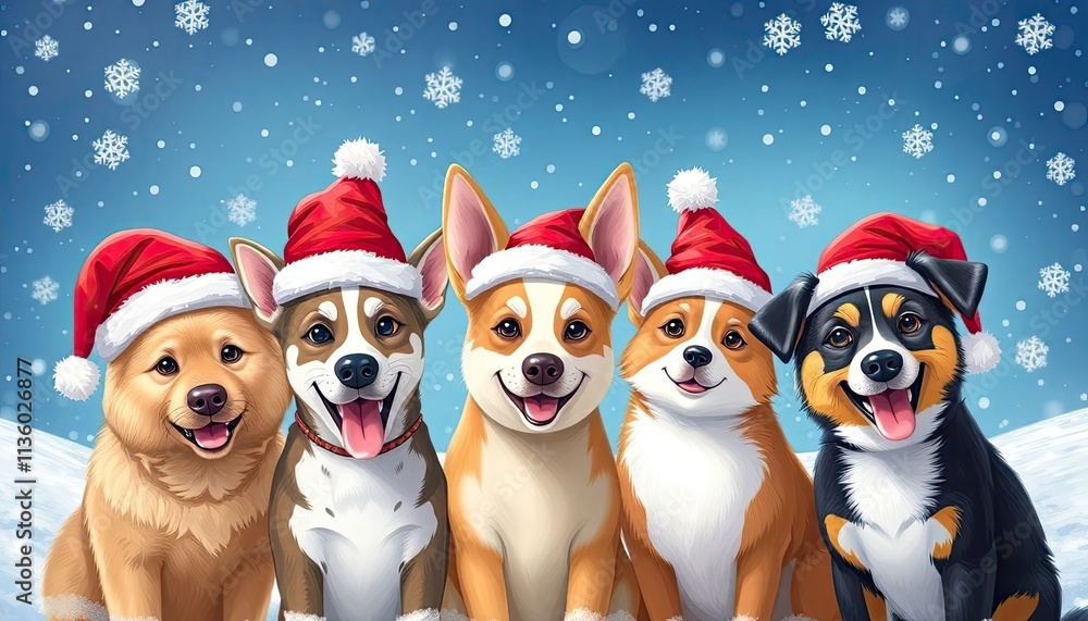 Playful Pet Animals Wearing Christmas Hats Surrounded by Falling ...
