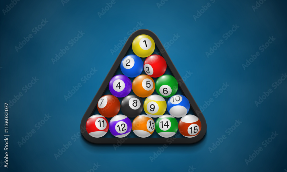 Billiard balls in black triangle rack. Pool balls with numbers top view ...