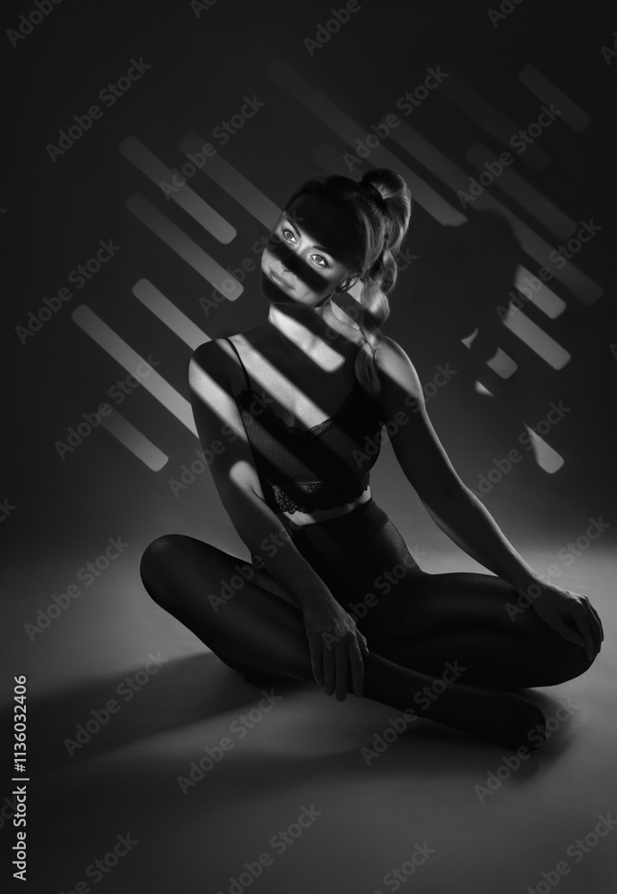 Beautiful blonde woman with perfect legs posing in black tights with ...